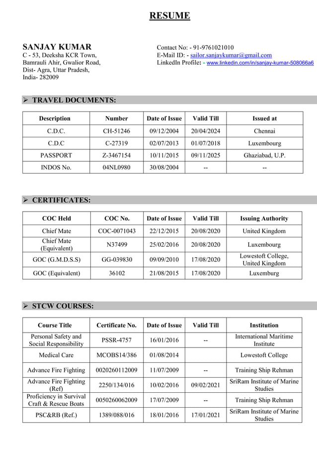 Resume-Sanjay Kumar | PDF | Cruises | Travel Type
