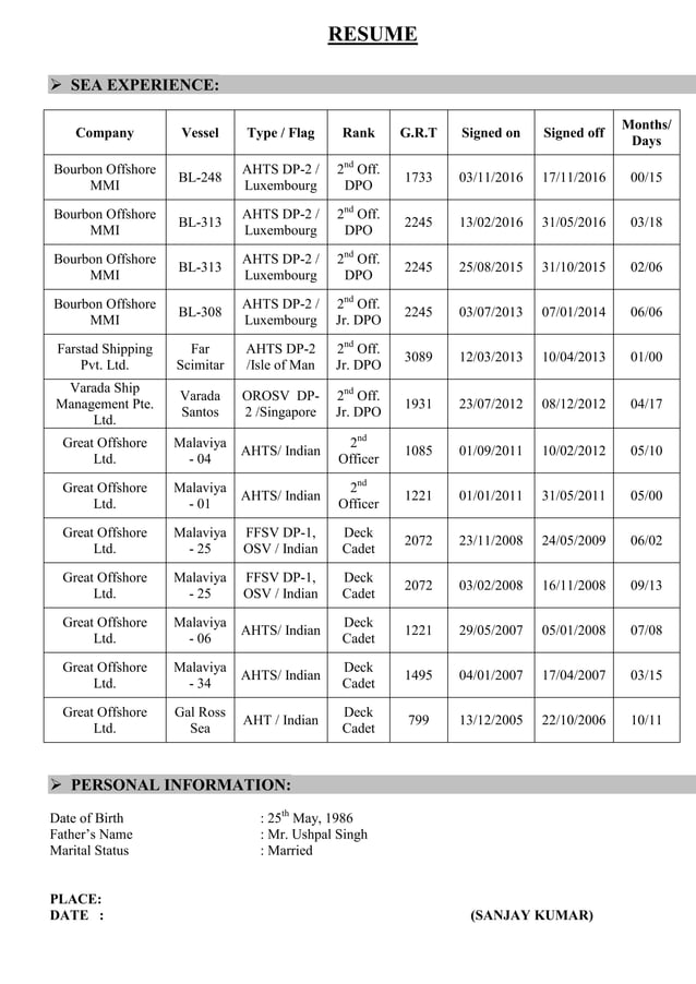 Resume-Sanjay Kumar | PDF | Cruises | Travel Type