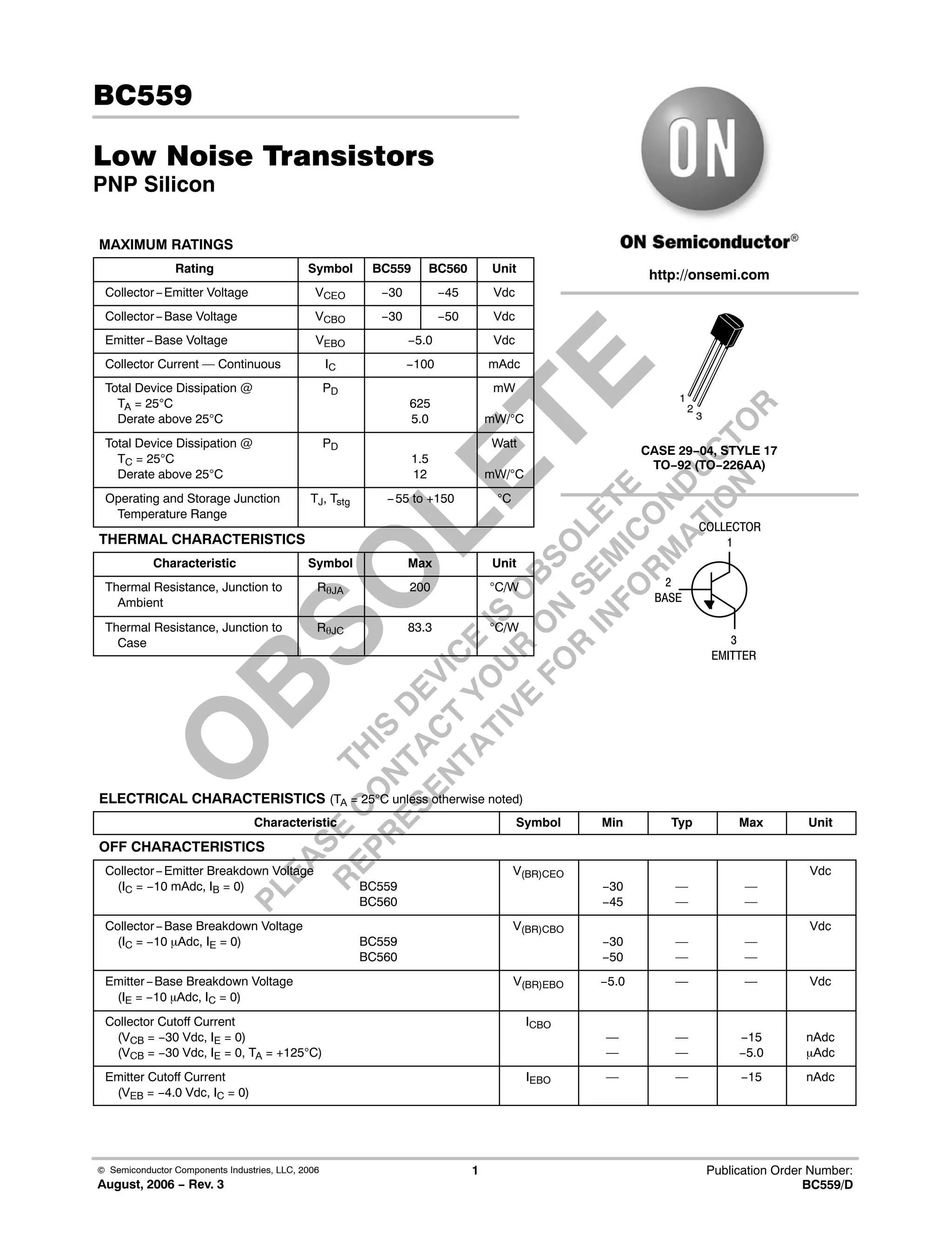 Original PNP Transistor BC559CTA BC559 559 30V 0.1A TO-92 New ON ...