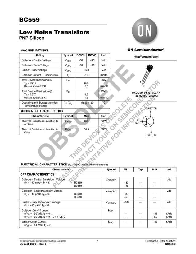 Original PNP Transistor BC559CTA BC559 559 30V 0.1A TO-92 New ON ...
