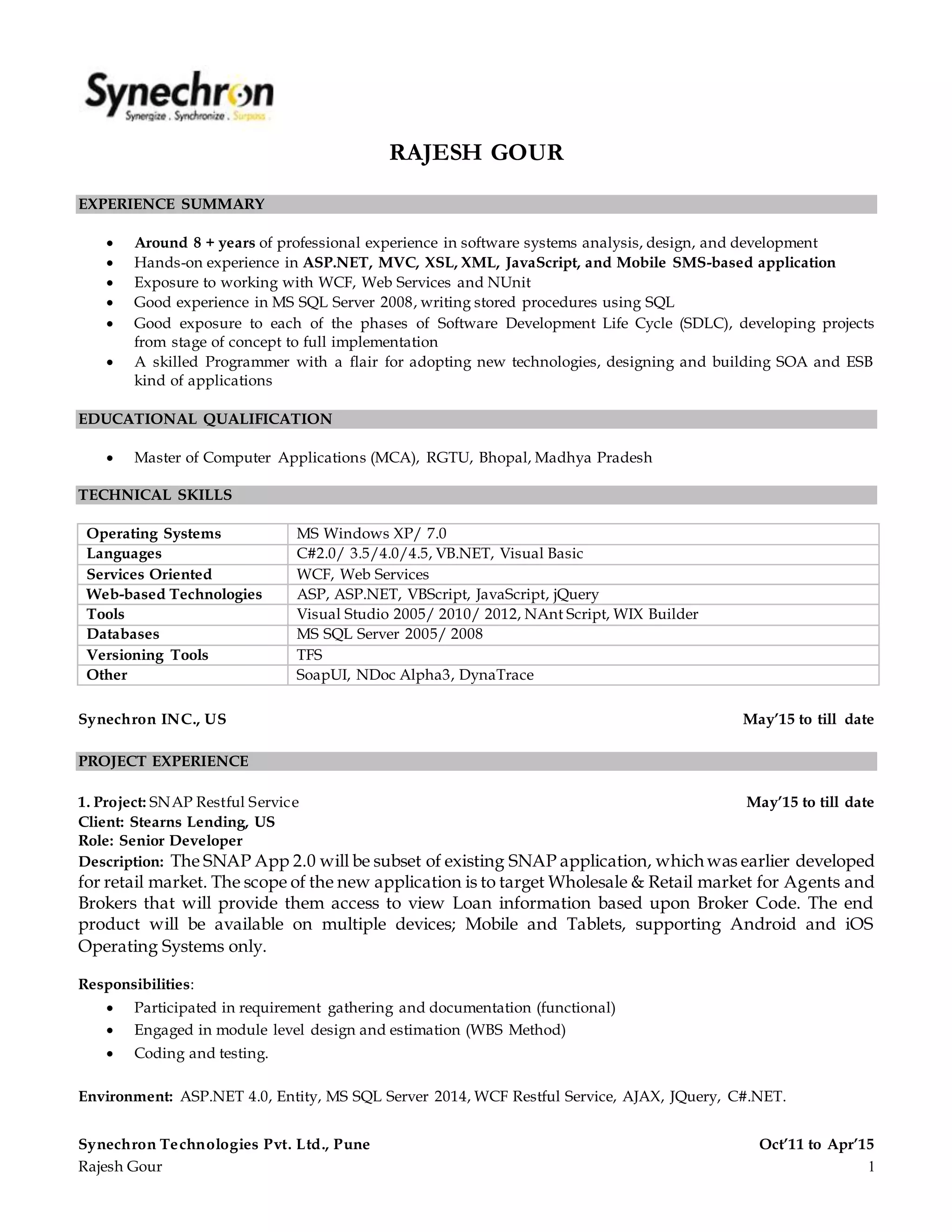 Synechron_Candidate_Rajesh Gour | DOCX | Databases | Computer Software and Applications
