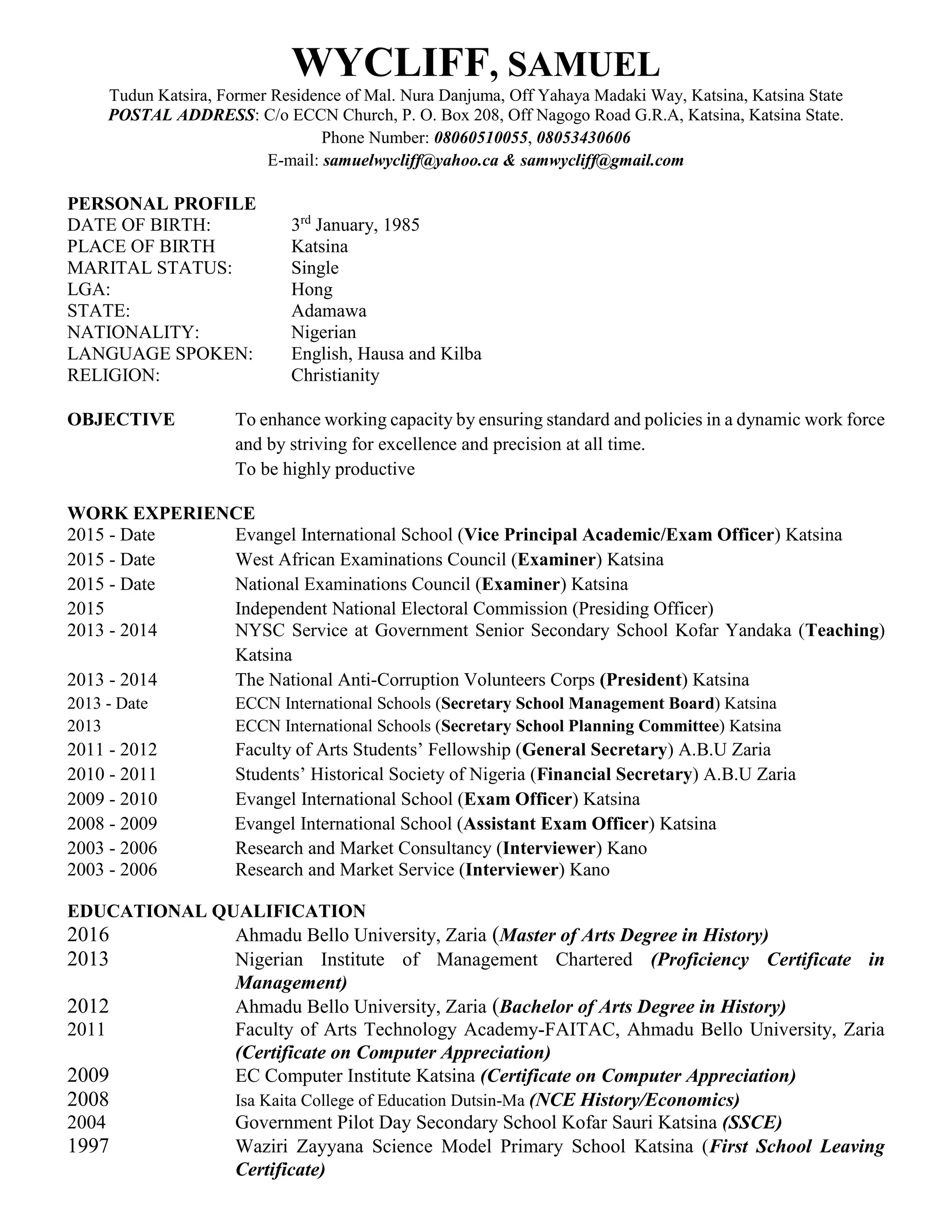 1985 Samuel Wycliff CV | PDF