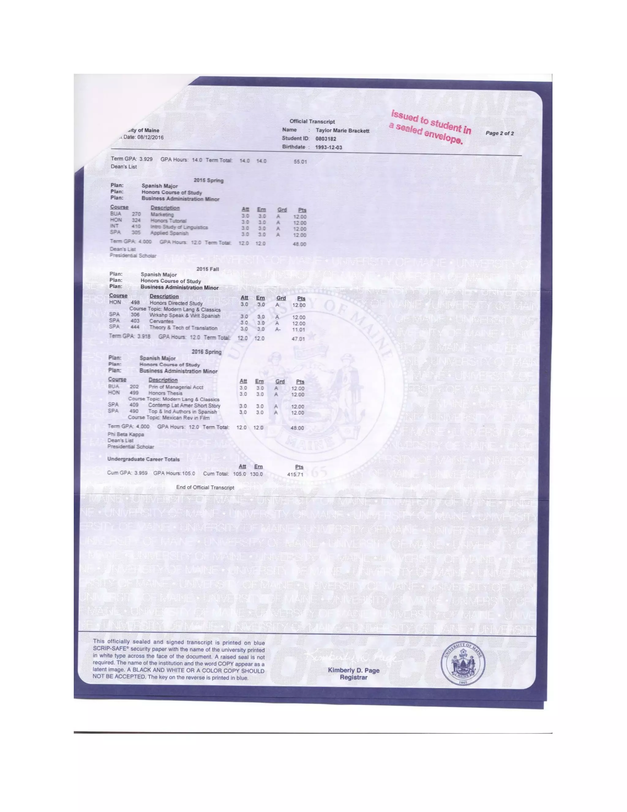 University of Maine Transcript Taylor Brackett | PDF