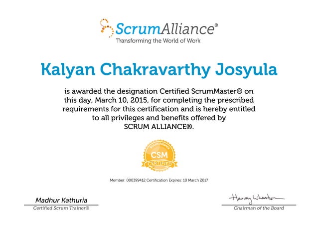 Kalyan Chakravarthy Josyula-ScrumAlliance_CSM_Certificate | PPT