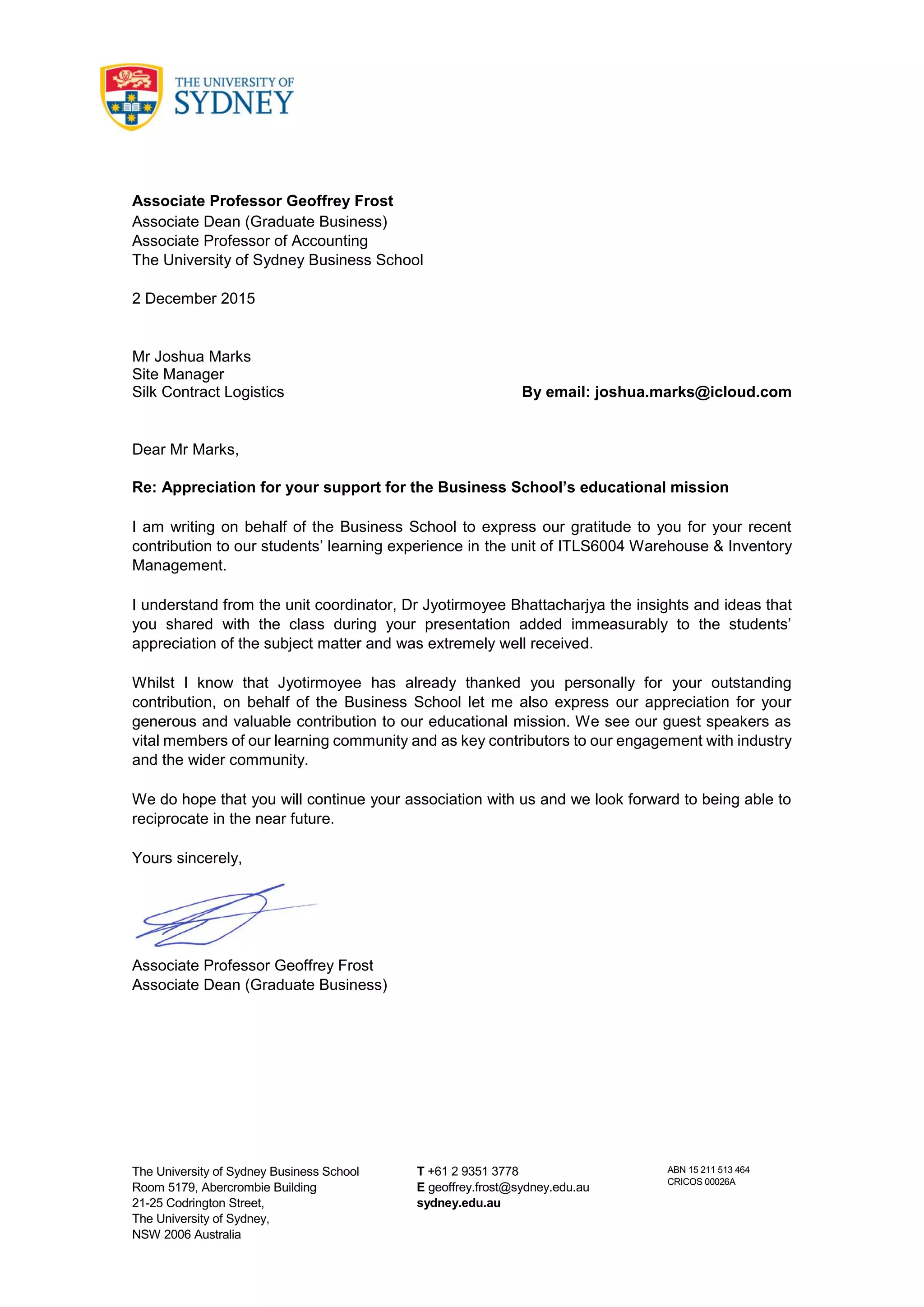 Joshua Marks letter from USyd | PDF