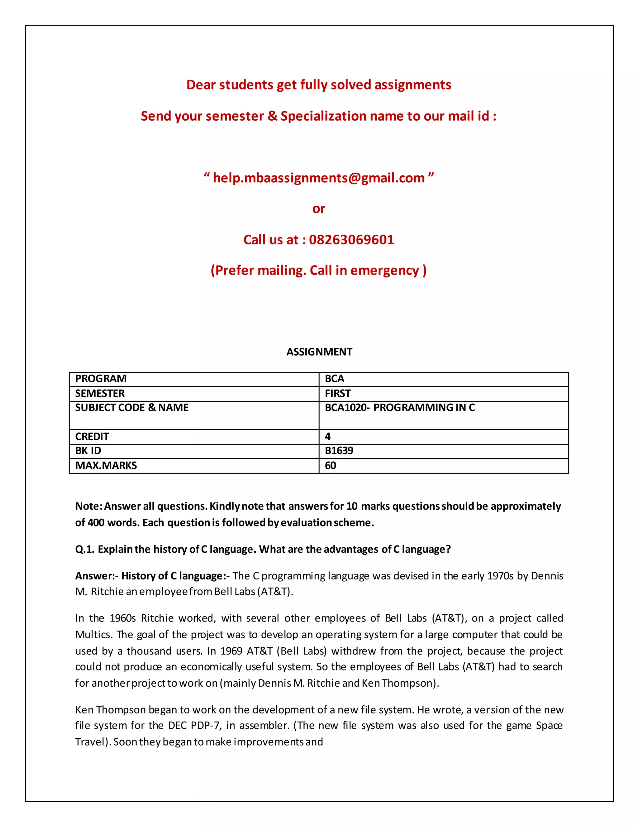 Bca1020 programming in c | PDF