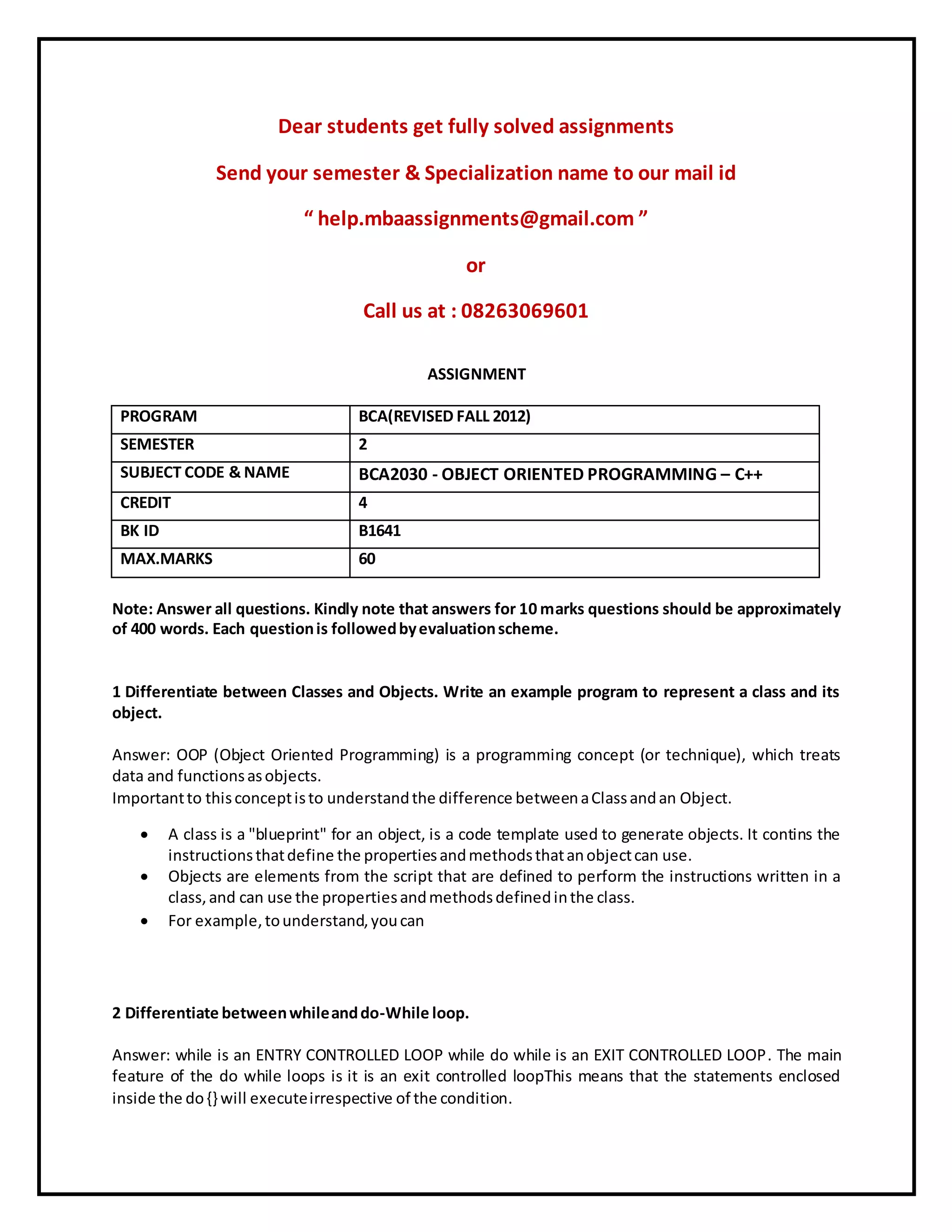 Bca2030 object oriented programming – c++ | PDF