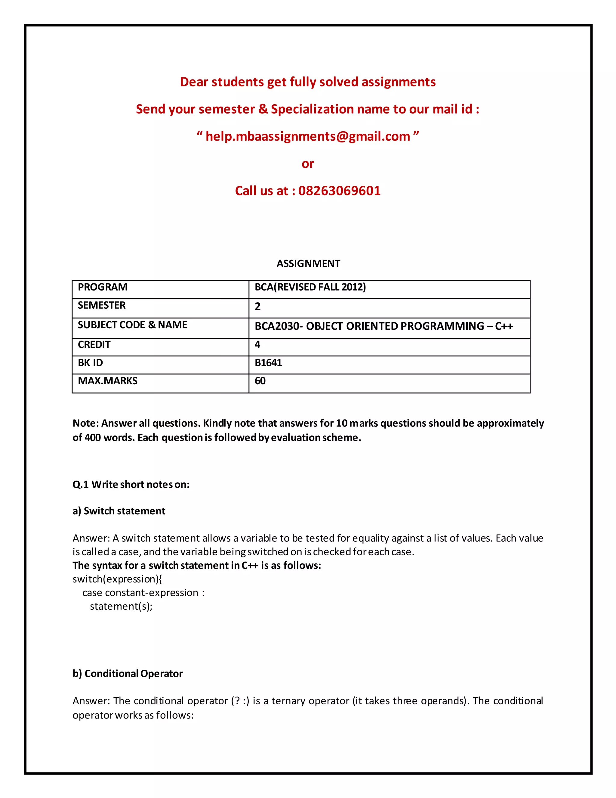 Bca2030 object oriented programming – c++ | PDF