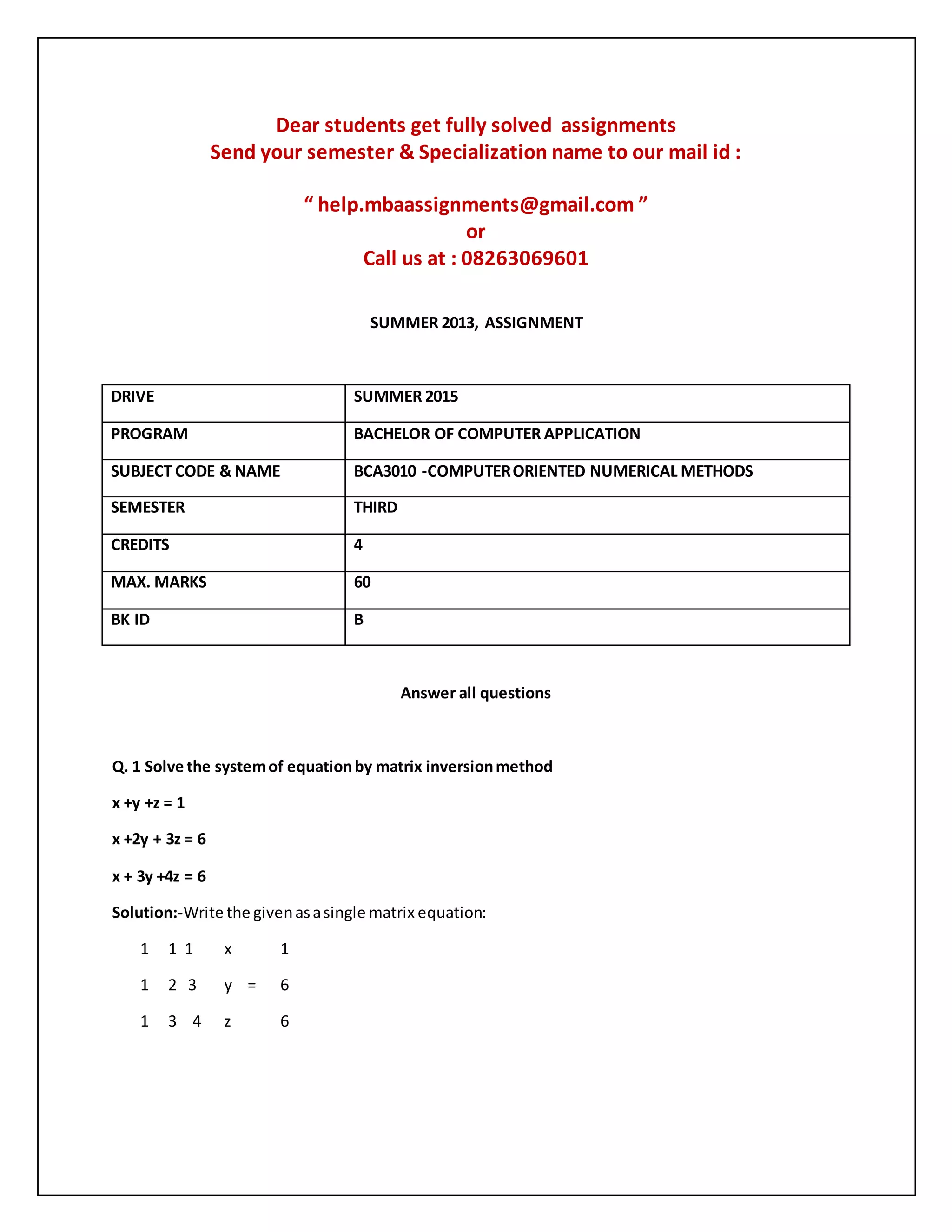 Bca3010 computer oriented numerical methods | PDF