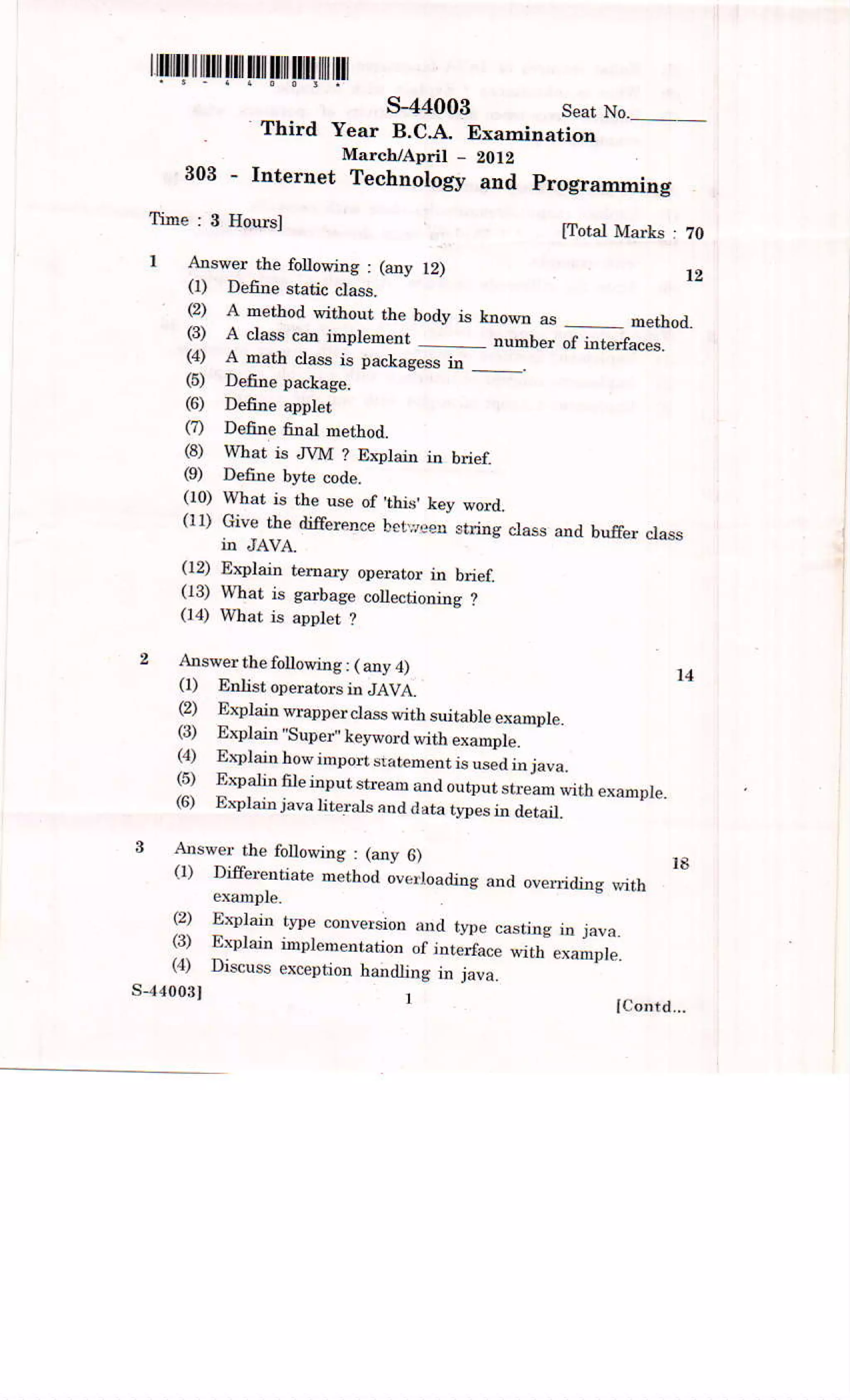 Java (Information Technology) Question paper for T.Y Bca | PDF