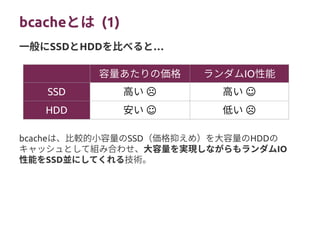 “bcache”を使ってSSDの速さと HDDの大容量のいいとこどり 2015-12-12 | PDF