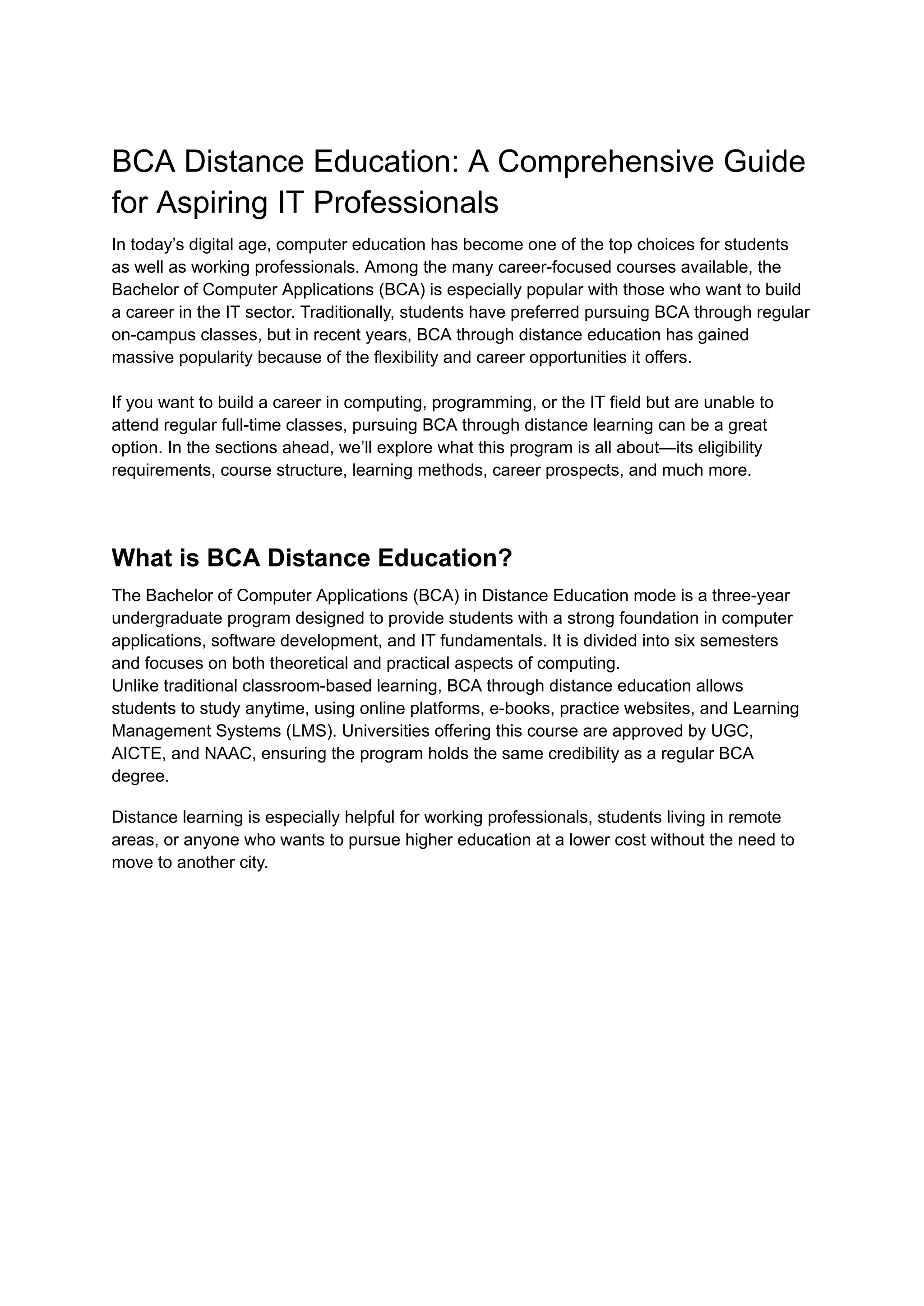 BCA Distance Education- Flexible IT Learning | PDF