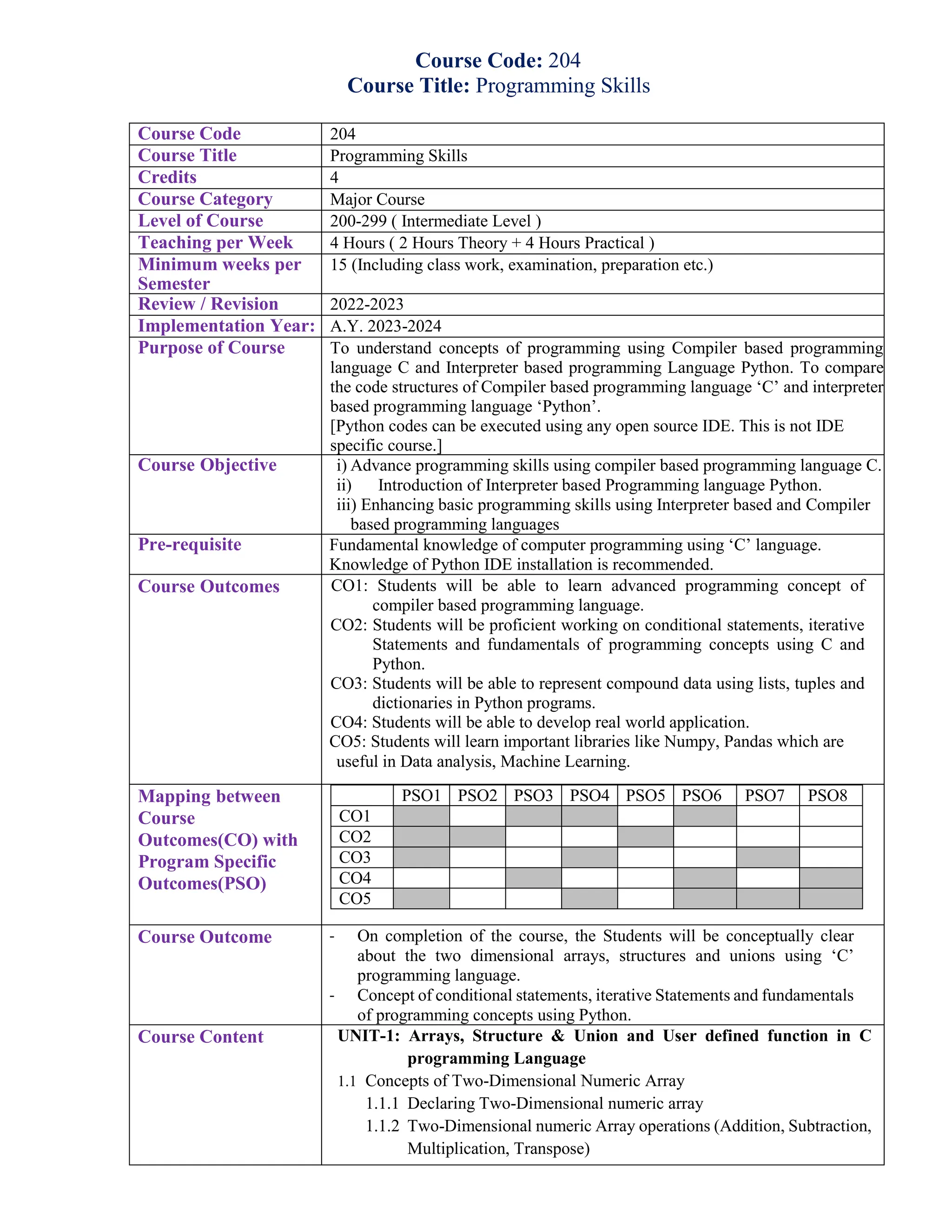 BCA Sem 1 & 2 Revised Structure & Syllabus as per Govt NEP GR dt 11-07 ...