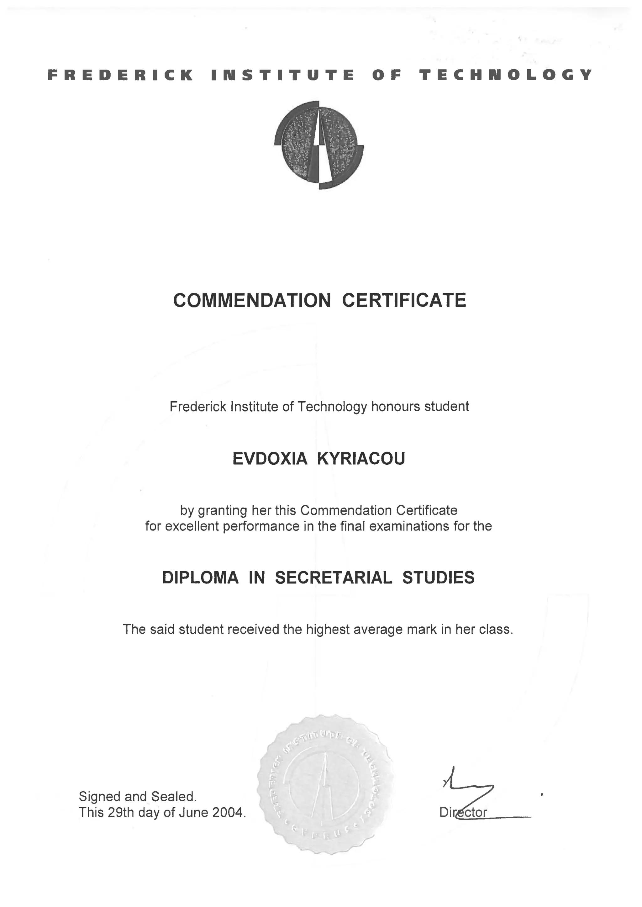 Commendation Certificate_Secretarial Studies | PDF