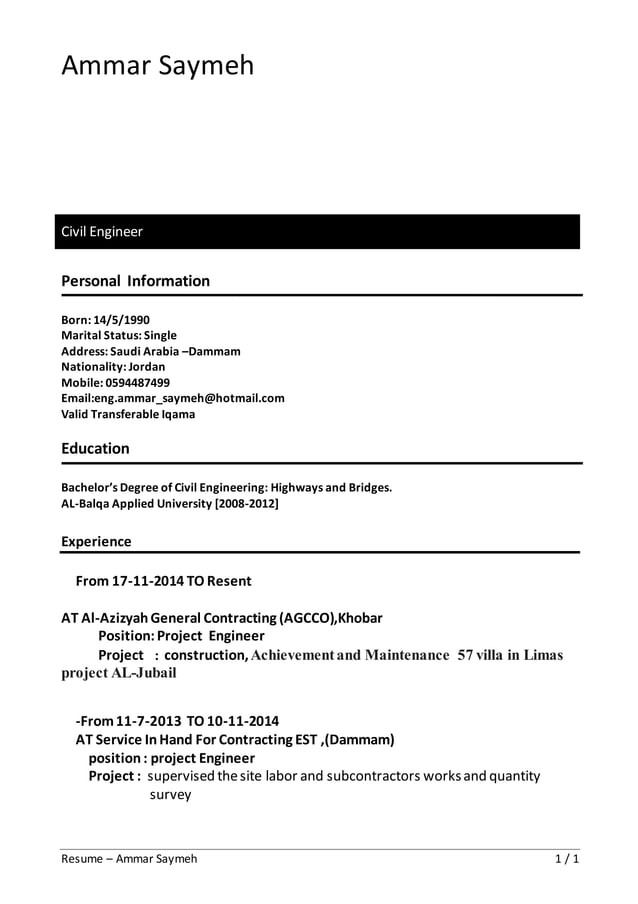 Ammar Saymeh cv | DOCX | Civil Engineering Industry | Industries