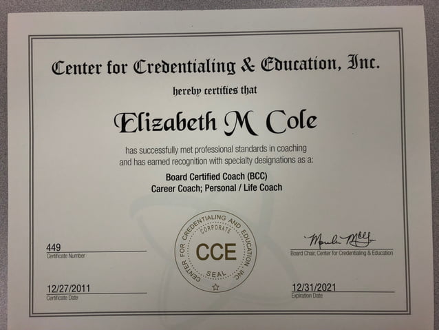Board Certified Coach BCC certificate with designations as Career Coach ...