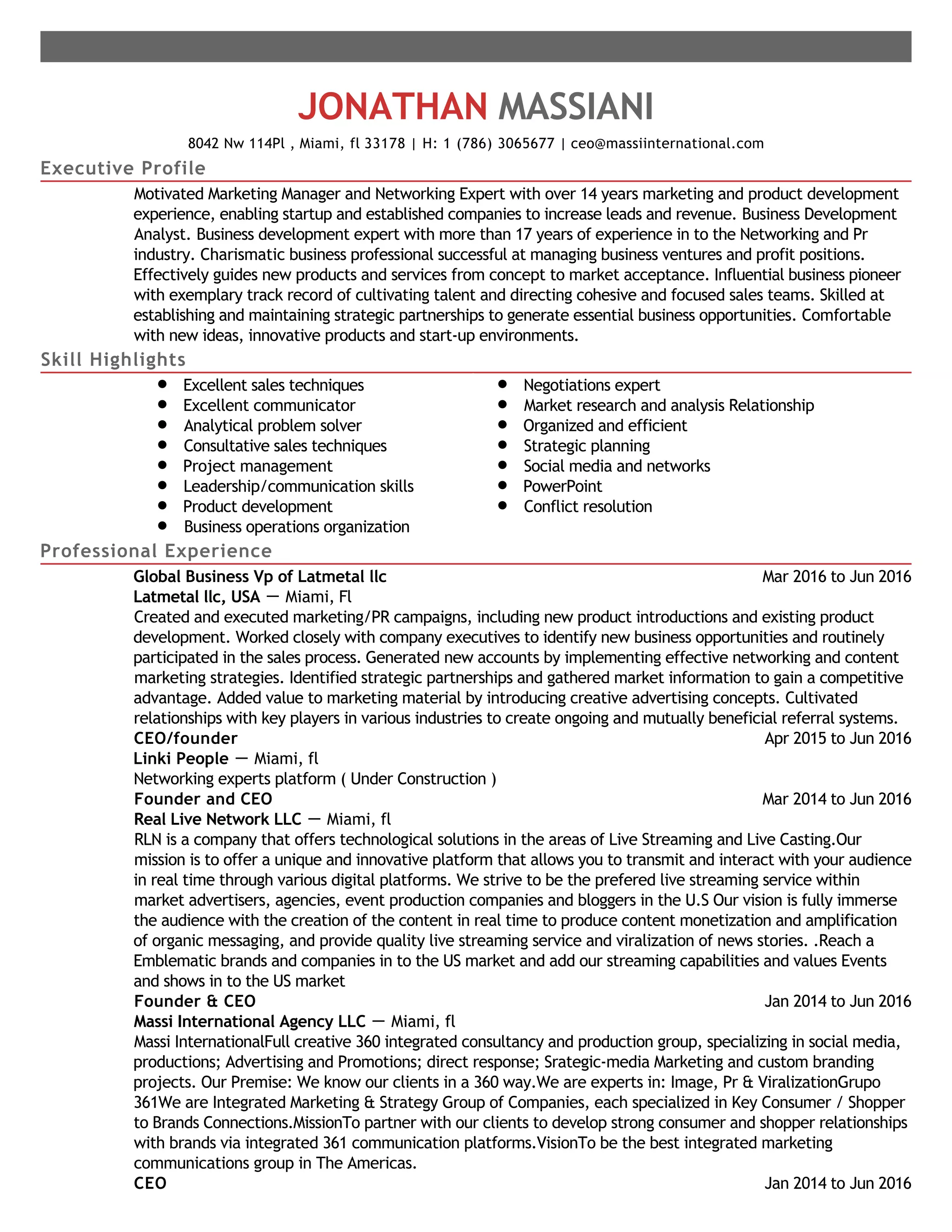 Miami Jonathan Fl Massiani Resume 1 | PDF