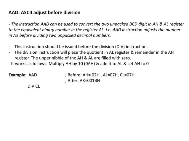 Bcd and ascii arithmetic instructions | PPTX