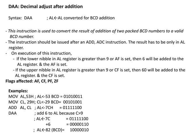Bcd and ascii arithmetic instructions | PPTX