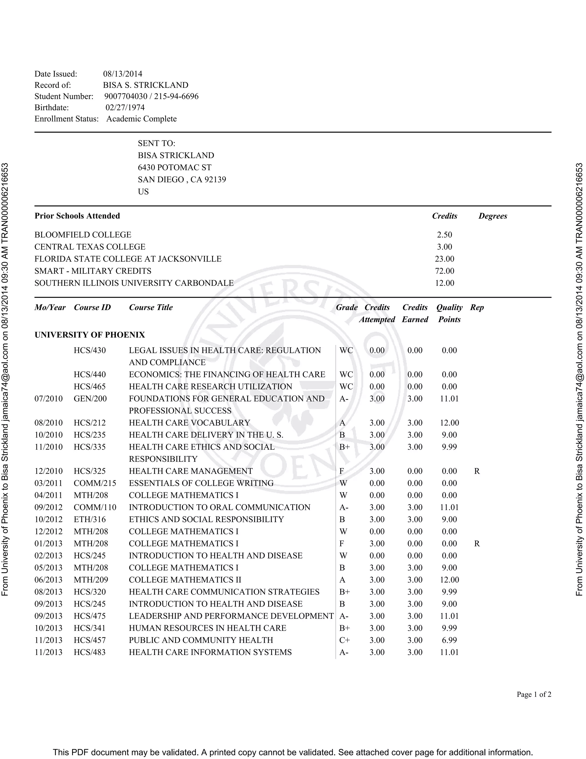 completed-transcript-University of Phoenix | PDF