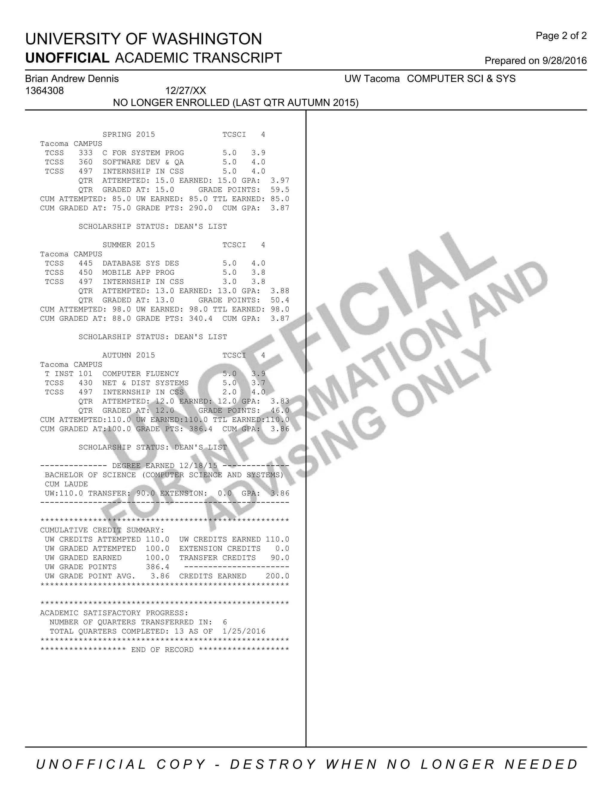 UWUnofficialTranscript | PDF