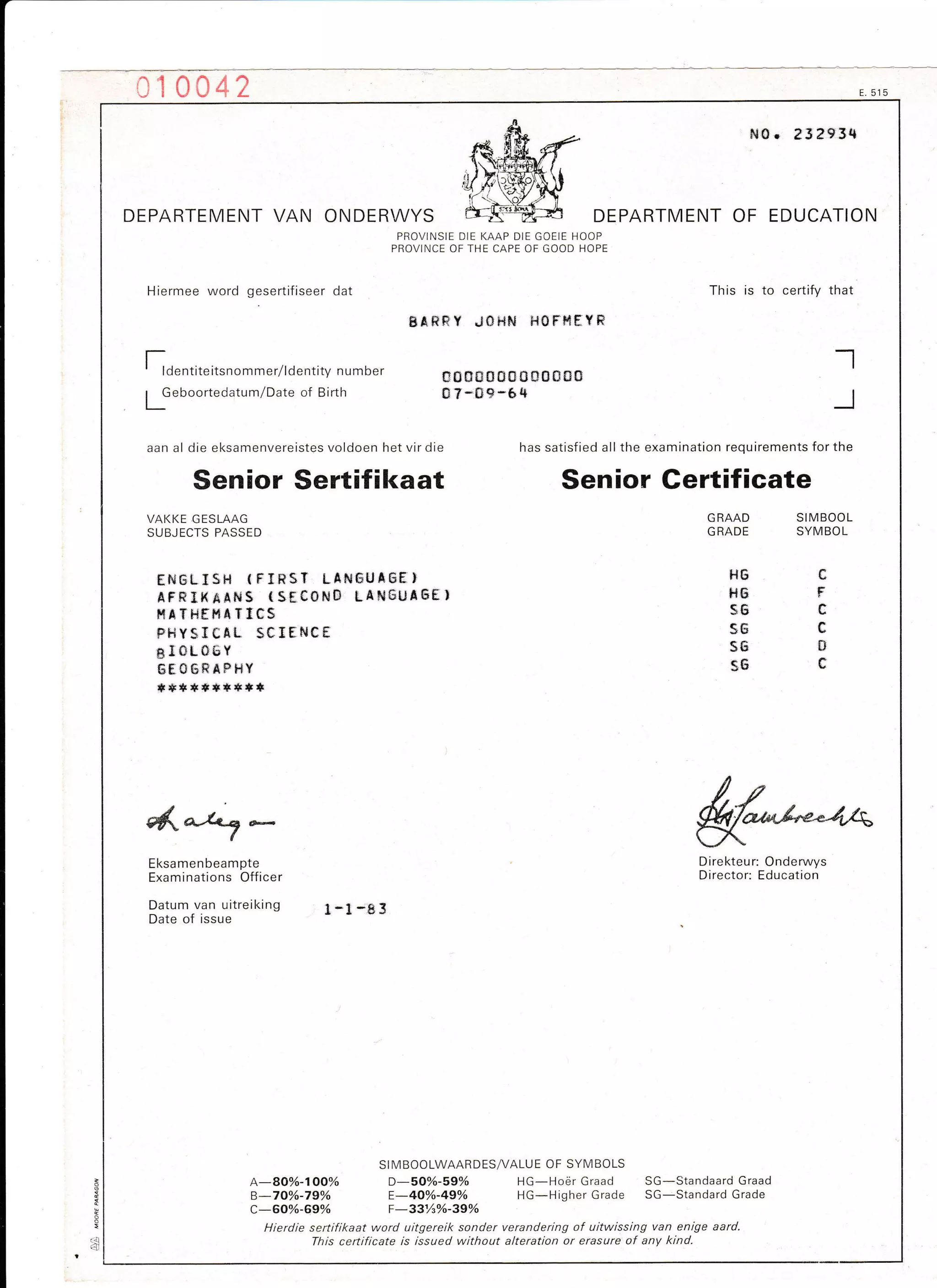 HOFMEYR Barry - Matric certificate | PDF
