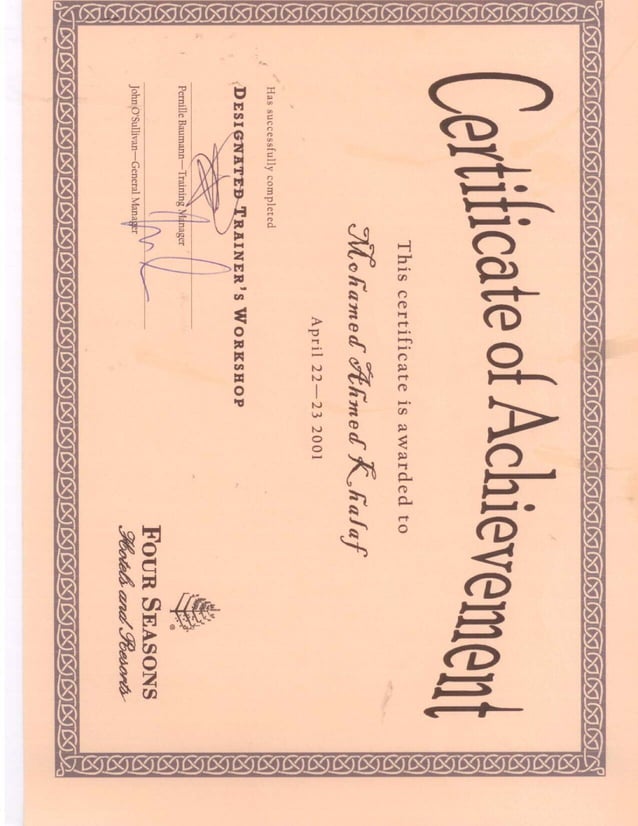 Four Seasons Designated Trainer Certificate Pdf
