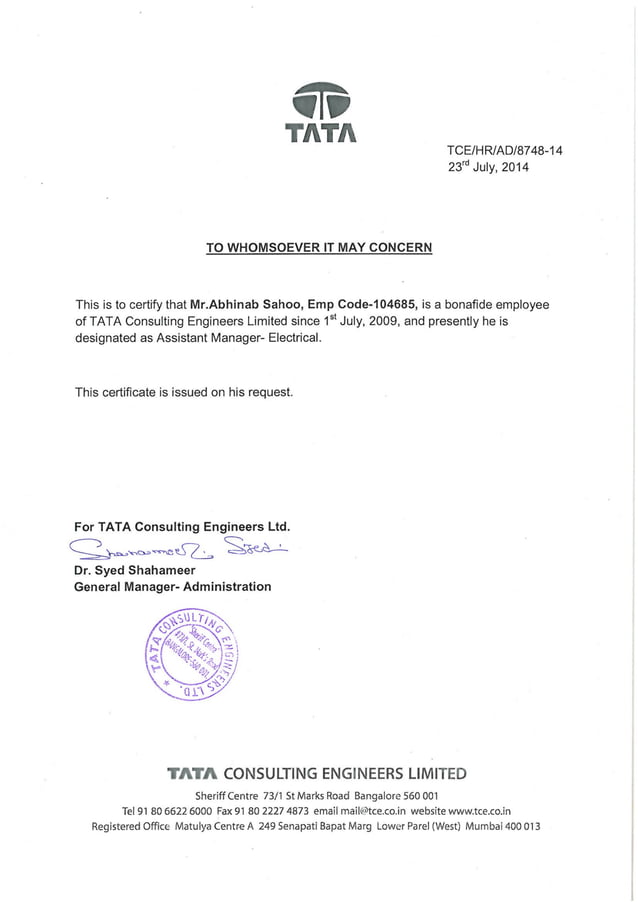 Experience certificate TATA CONSULTING ENGINEERS | PDF