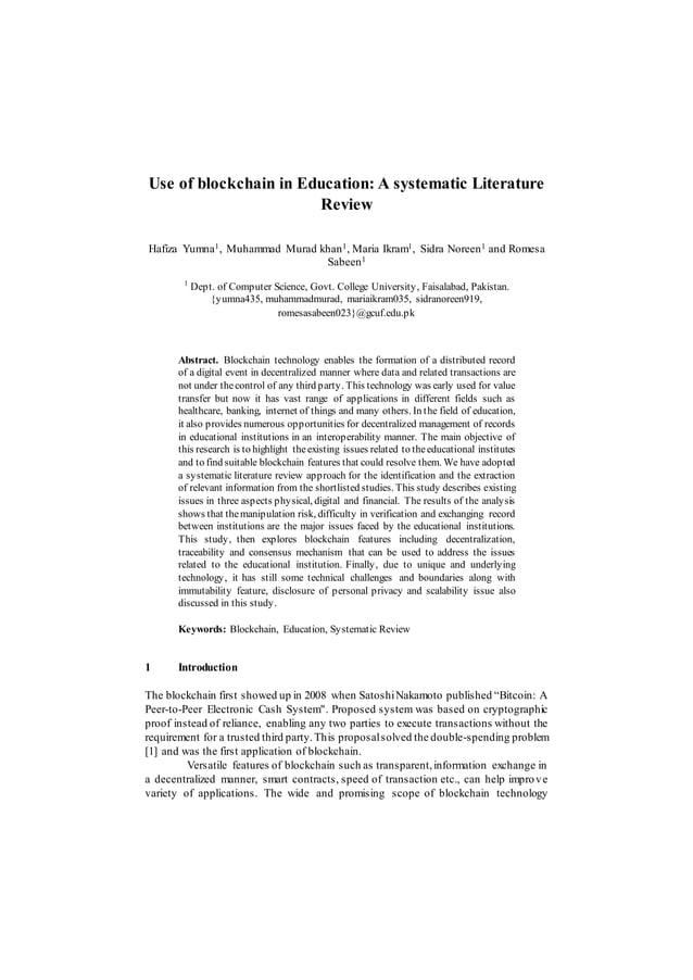 Use of Blockchain in Education: A Systematic Literature Review. Hafiza ...