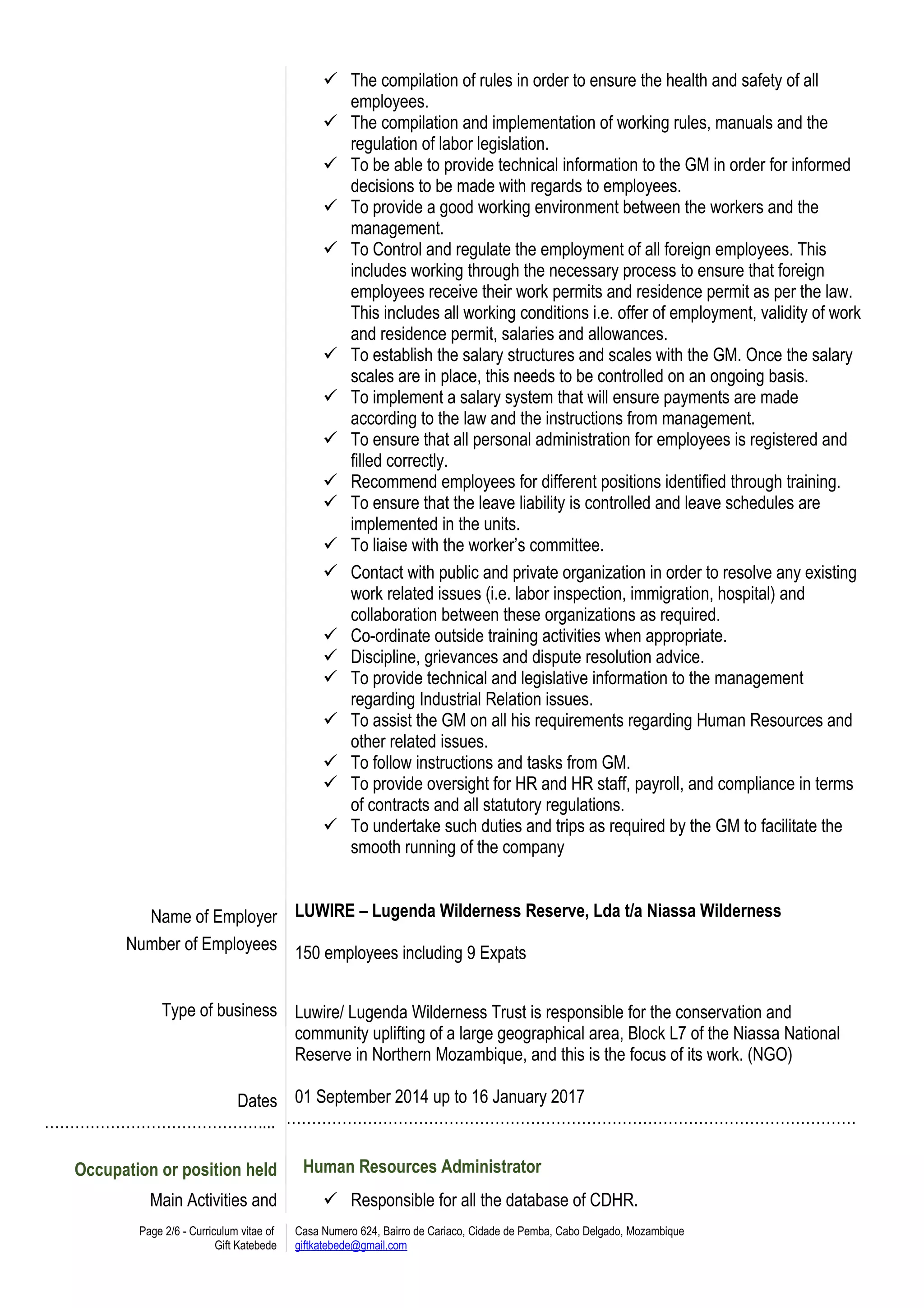 CV english latest Gift Katebede | PDF