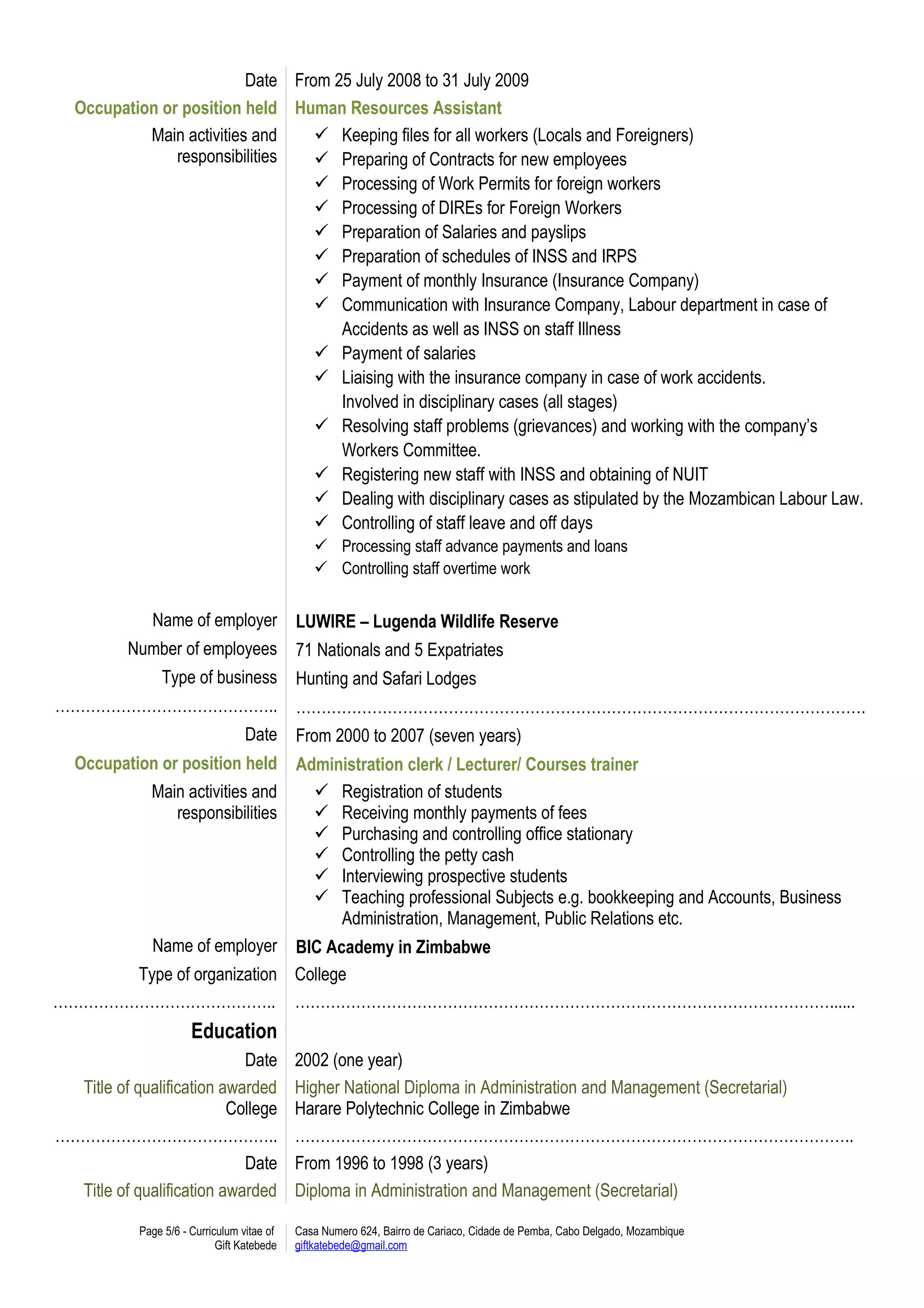 CV english latest Gift Katebede | PDF