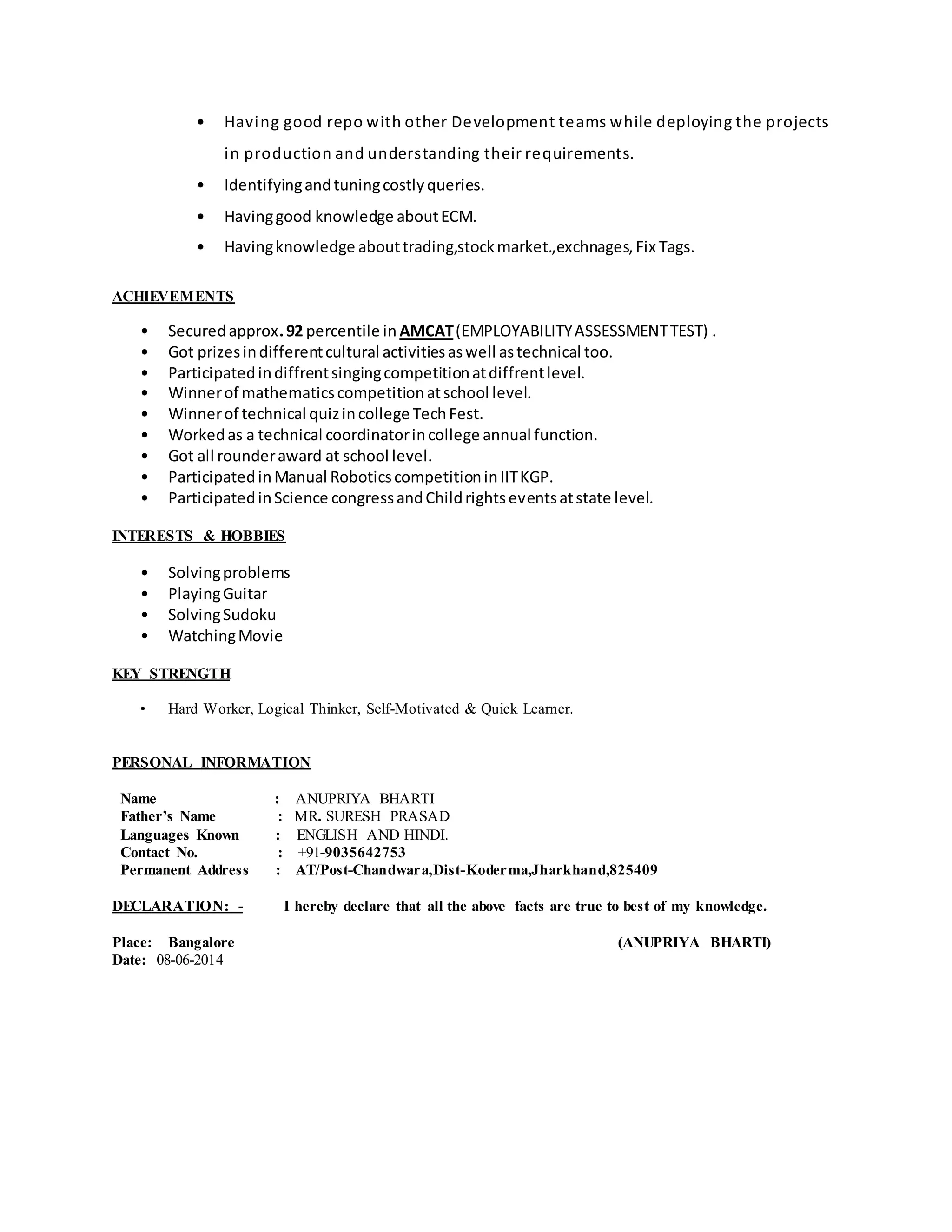 anuresume | DOCX | Databases | Computer Software and Applications