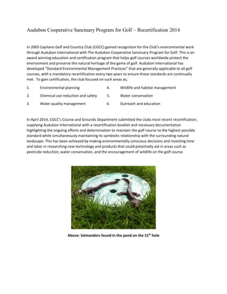 Audubon Sanctuary Program for Golf - Recertification 2014 | PDF