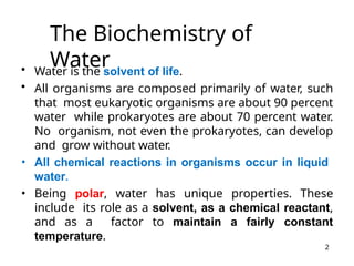 Water as a biomolecules and universal solvent | PPTX