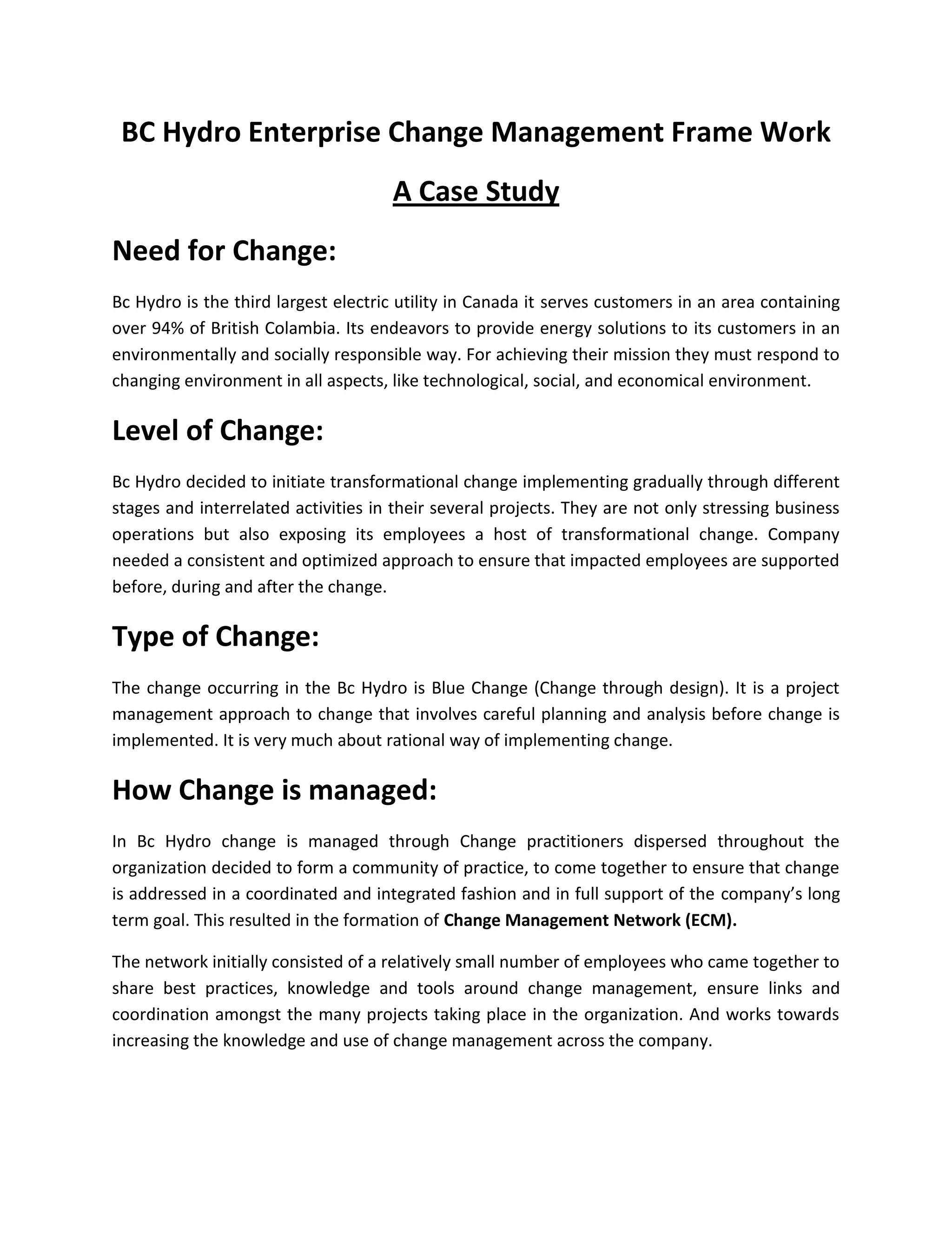 Bc hydro enterprise change management frame work | DOCX