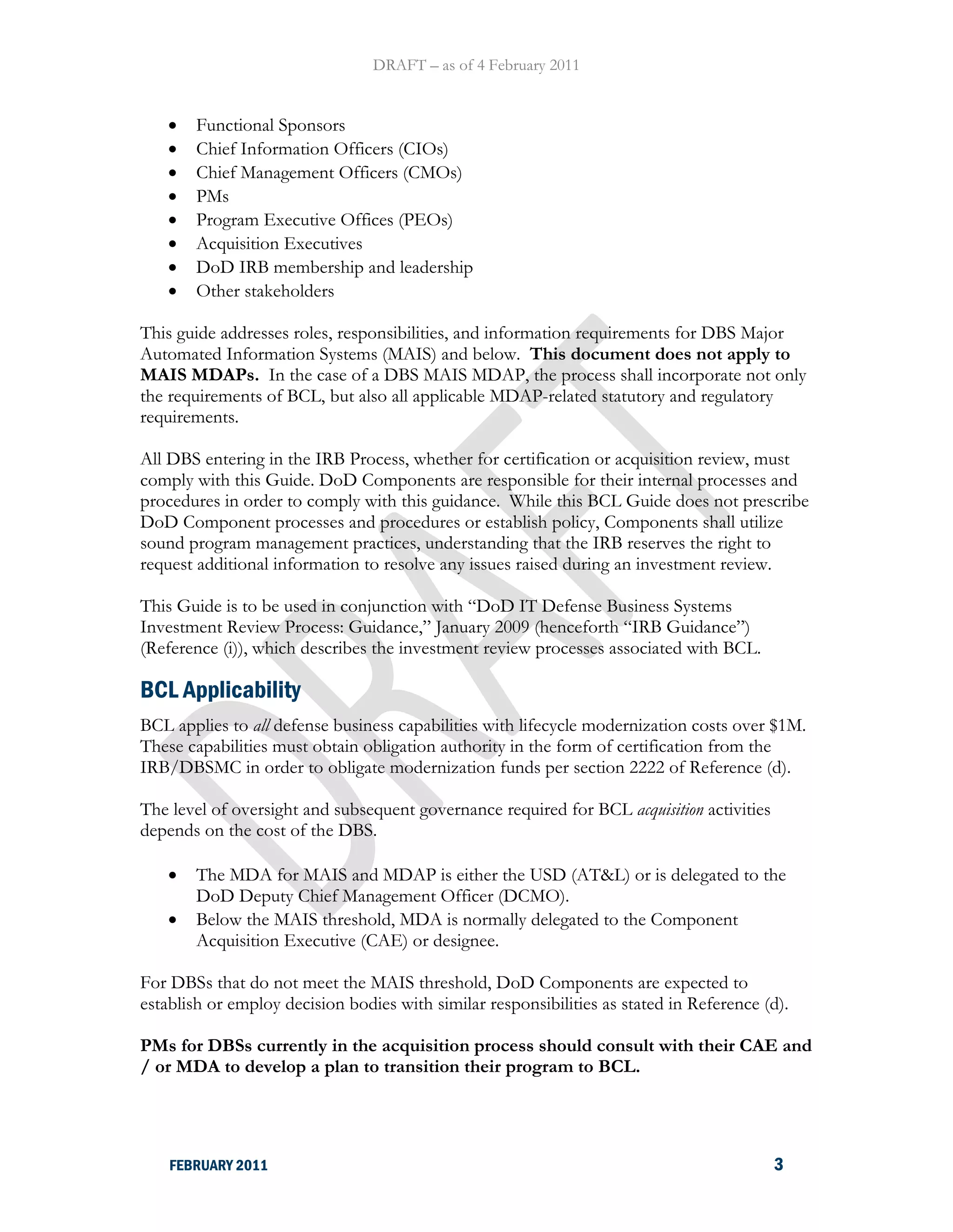 DoD Business Capability Lifecycle (BCL) Guide (Draft) | PDF