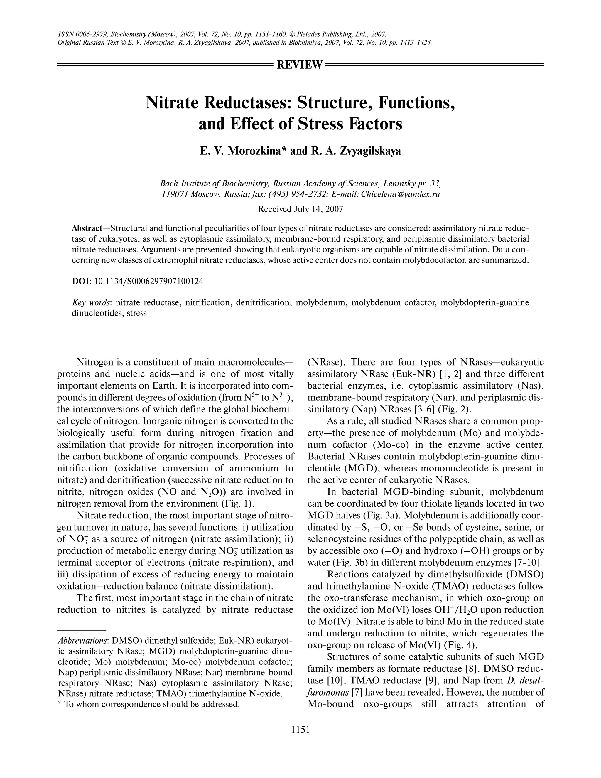 Nitrate Reductases: Structure, Functions, and Effect of Stress Factors ...