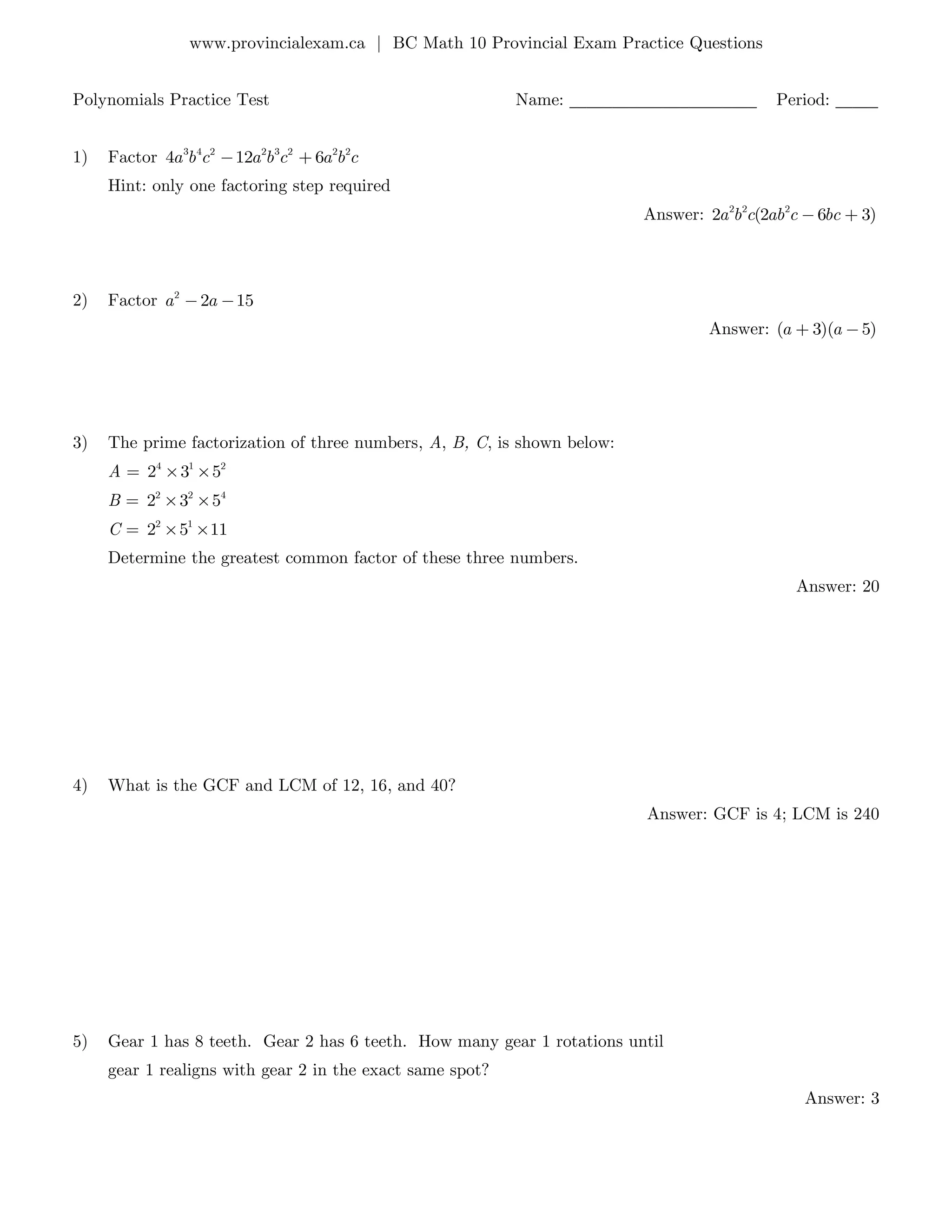 BC Math 10 Polynomials Practice Test | PDF