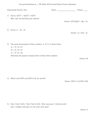 BC Math 10 Polynomials Practice Test | PDF