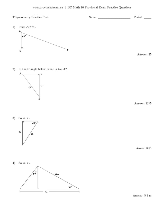 BC Math 10 Trigonometry Practice Test | PDF