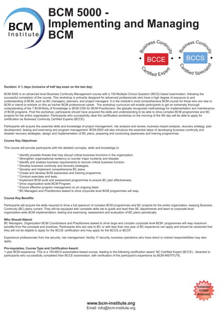 BCM Institute BCM Competency Program 2010: Developing Organization ...