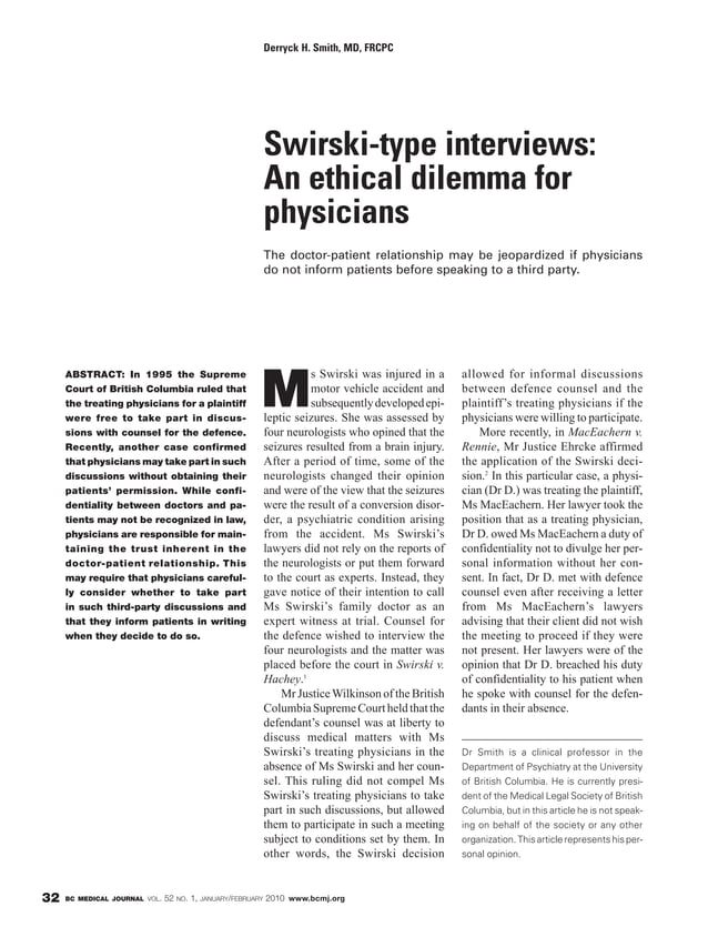 British Columbia Medical Journal, January/February 2010 issue: Swirski ...