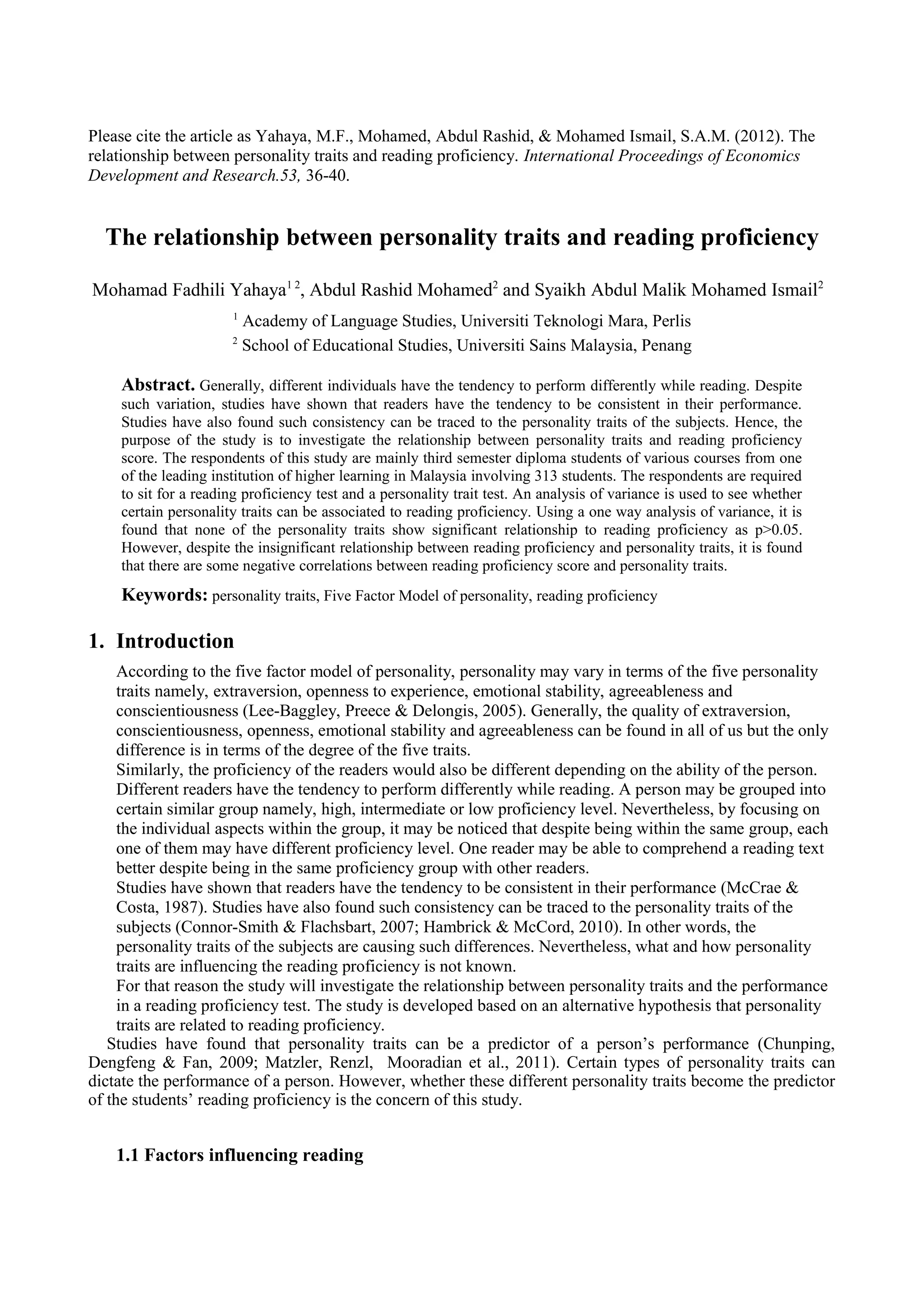 The relationship between personality traits and reading proficiency ...