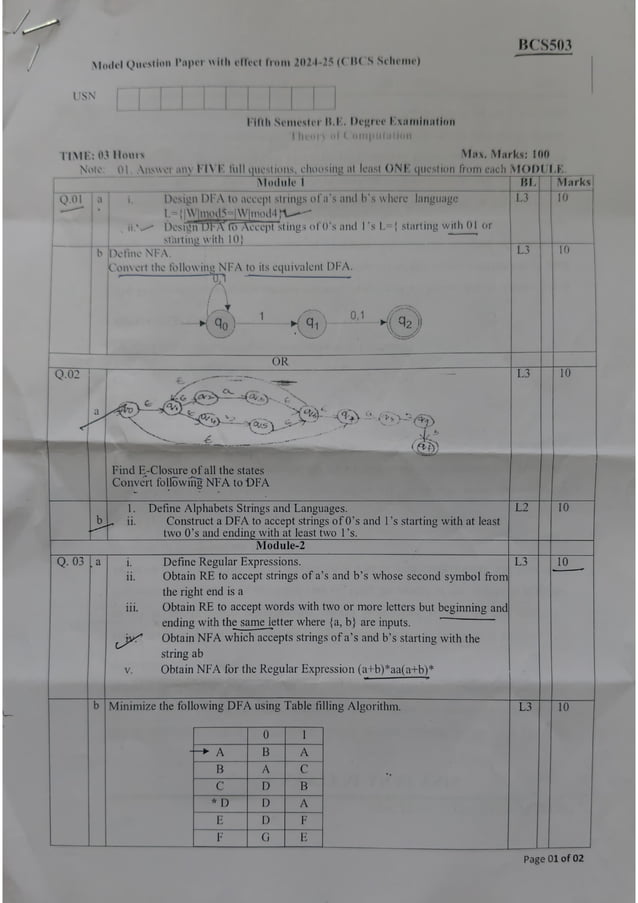 BCS503 Model Question Paper Solution Theory of Computation | PDF