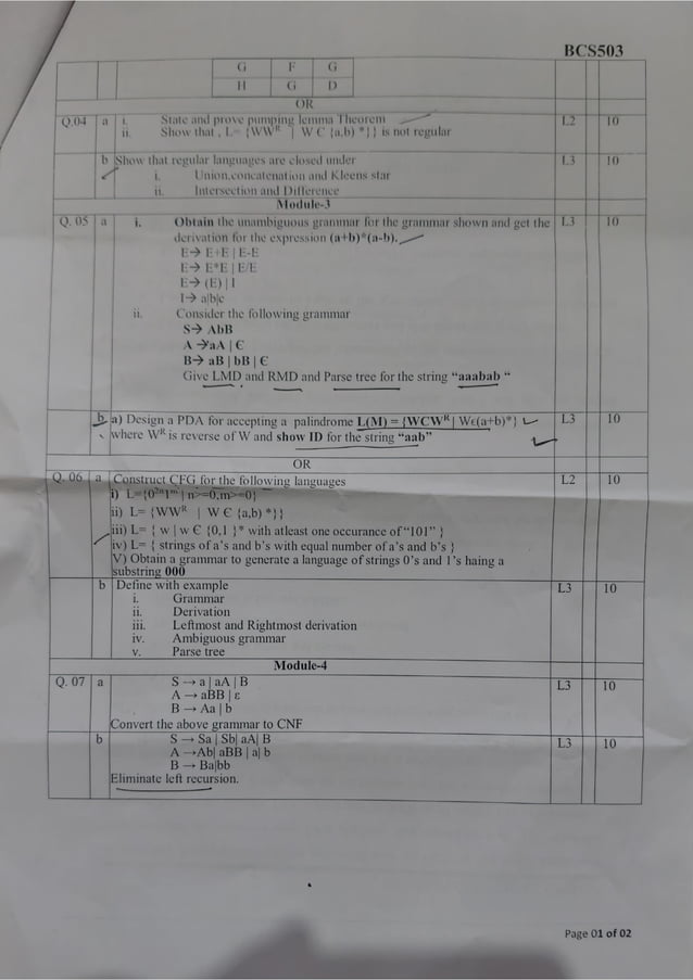 BCS503 Model Question Paper Solution Theory of Computation | PDF