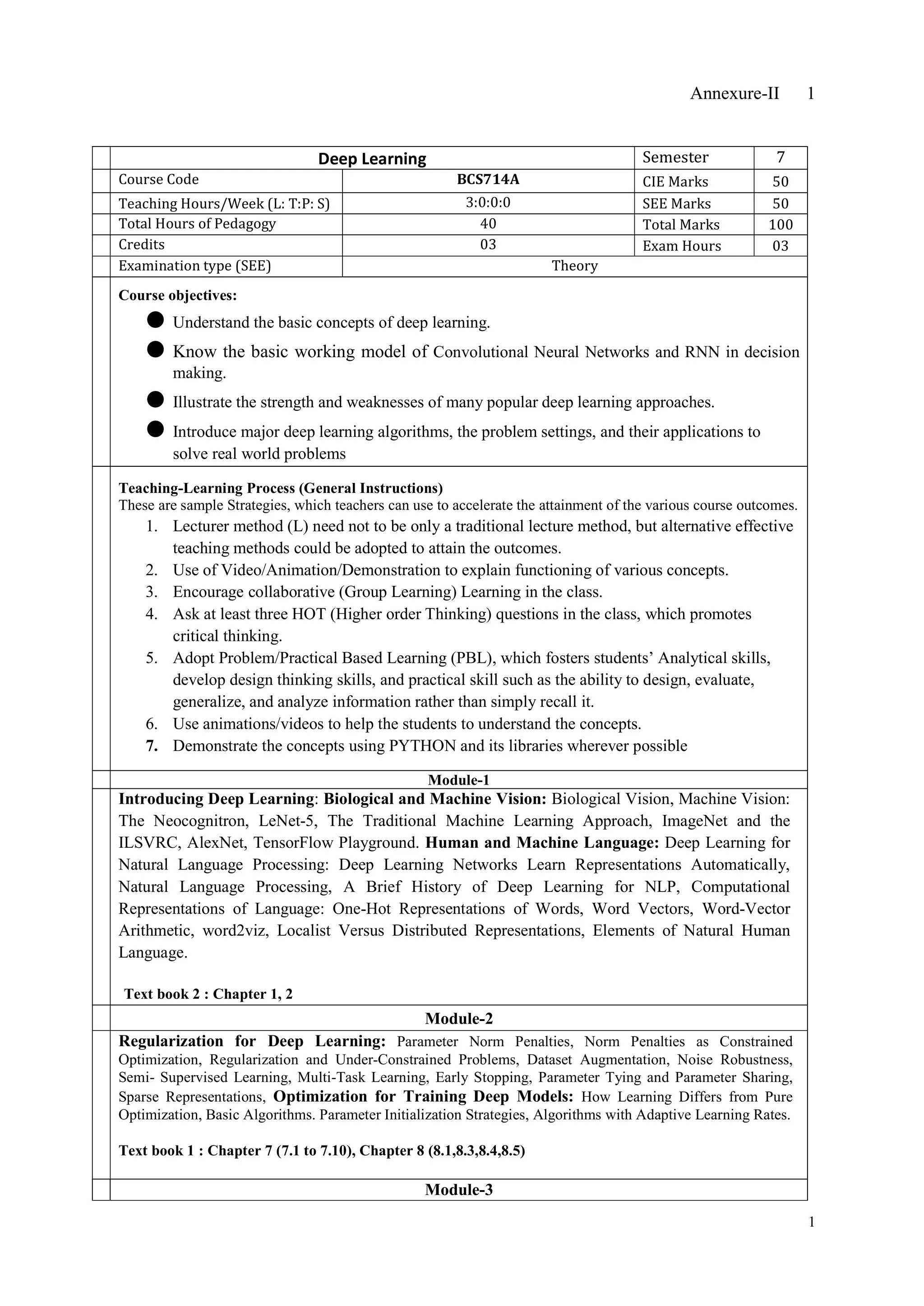 BCS714A - Deep Learning VTU Syllabus for the 7th semester | PDF
