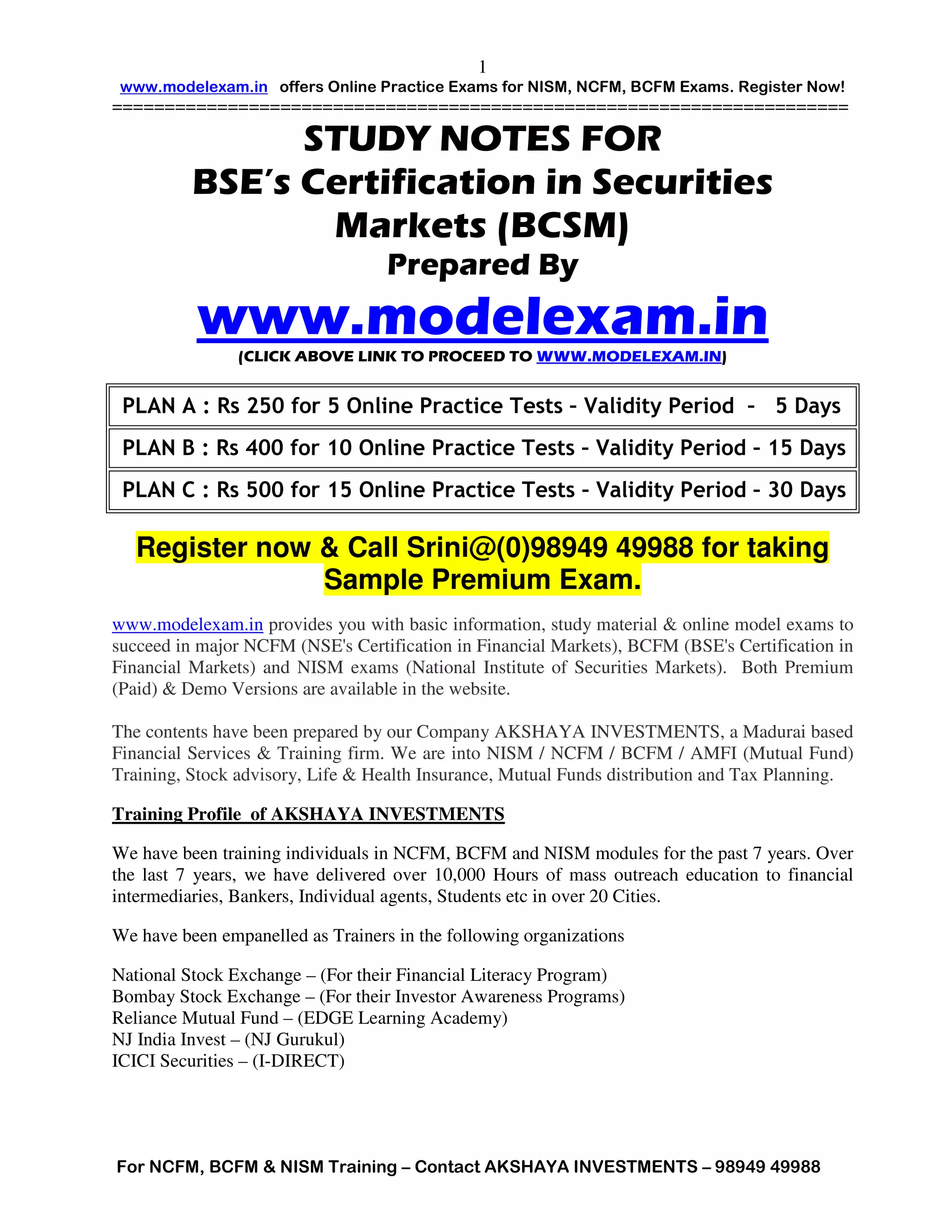 BSE (BOMBAY STOCK EXCHANGE) CERTIFICATION IN SECURITIES MARKETS STUDY ...