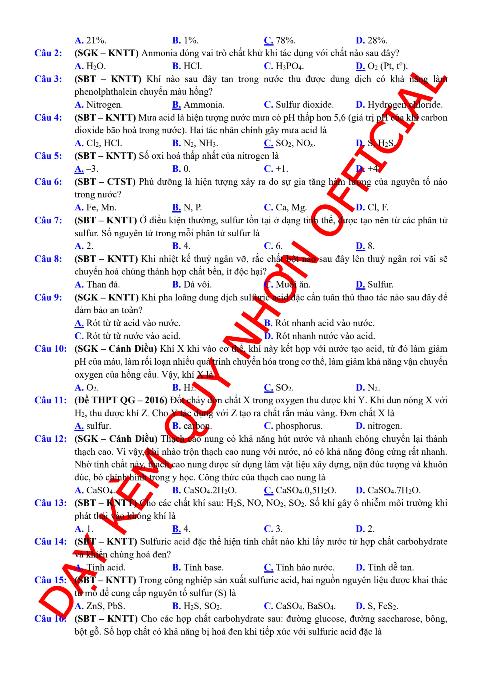 BỘ CÂU HỎI ÔN TẬP KIỂM TRA VÀ ĐÁNH GIÁ MÔN HÓA HỌC 11 (KẾT NỐI TRI THỨC) - TÀI LIỆU DẠY THÊM ...