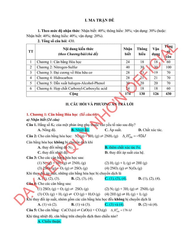 BỘ CÂU HỎI TRẮC NGHIỆM THEO MỨC ĐỘ LỚP 11 MÔN HÓA HỌC NĂM 2023 (CHƯƠNG TRÌNH GIÁO DỤC PHỔ THÔNG ...