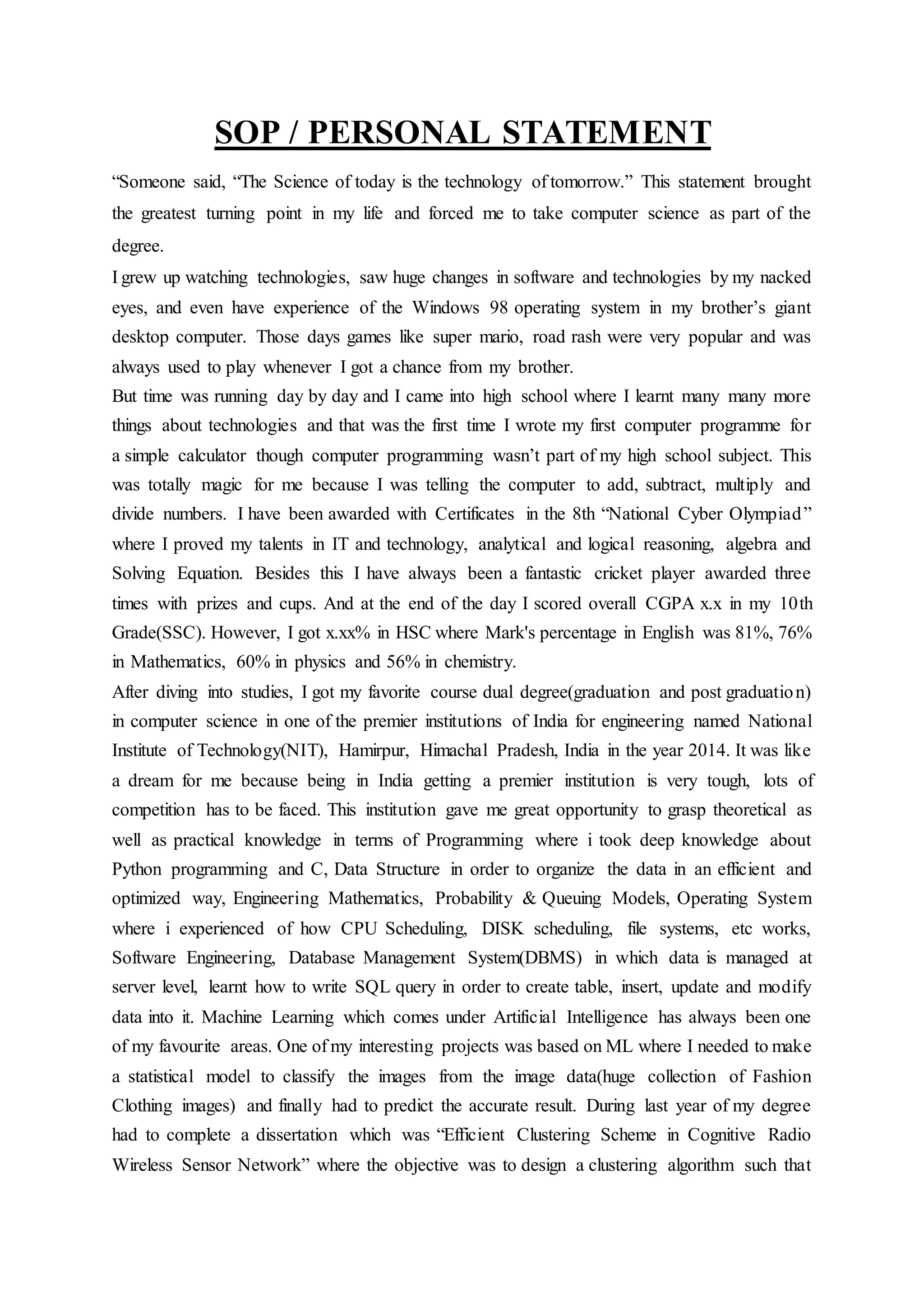 SOP/Personal Statement for Birmingham City University | DOCX